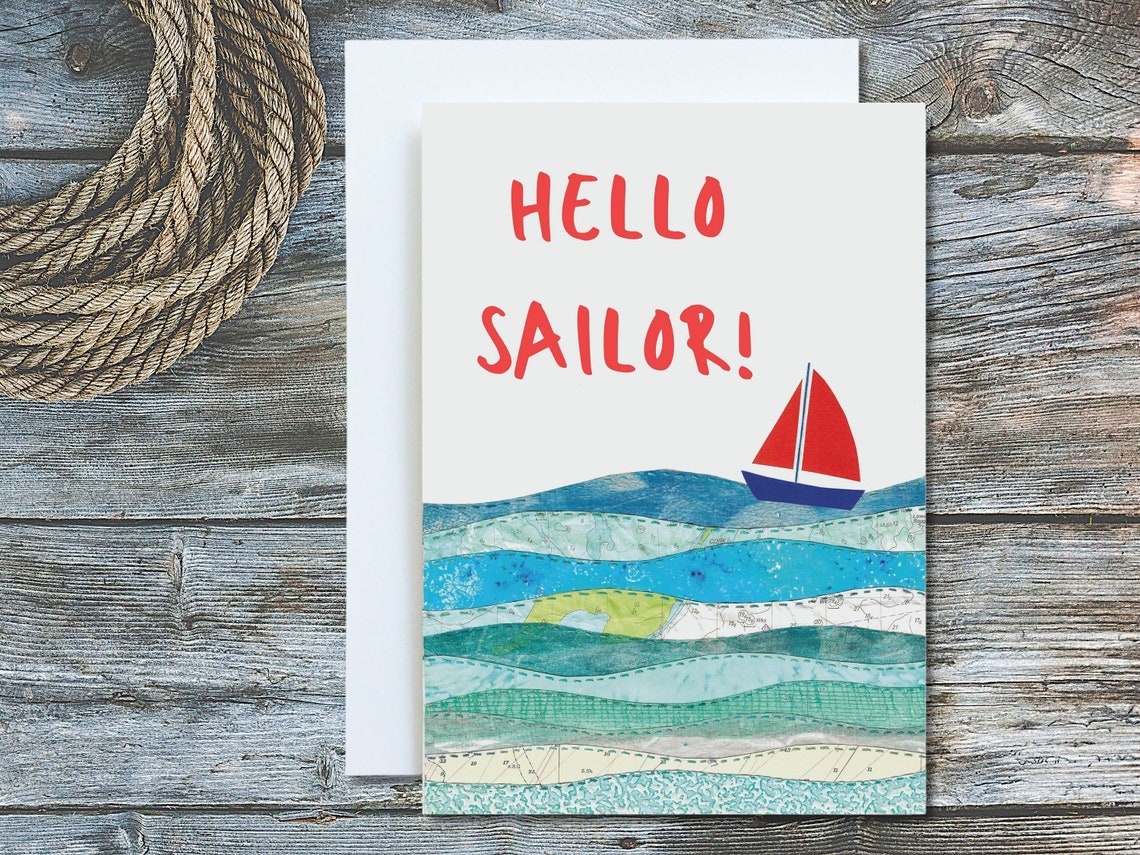 Hello Sailor Card, Sailing Boat Card, A5 Card, Sailor Card, Coastal ...