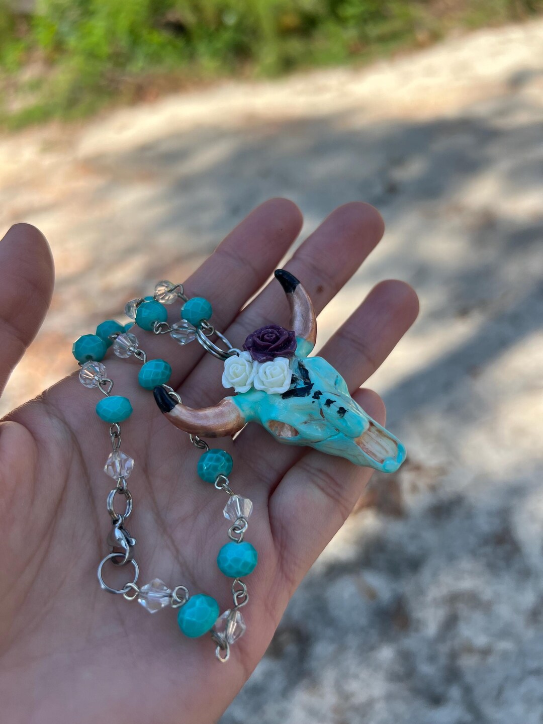 Light Blue Bull Skull Rear View Mirror Hanger - Etsy