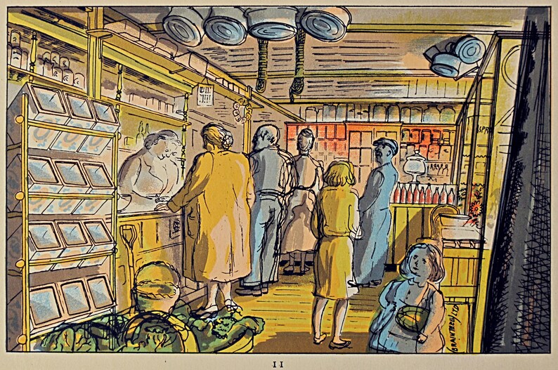 EDWARD BAWDEN Lithographic Book Illustration 1949 - A Village Store ...