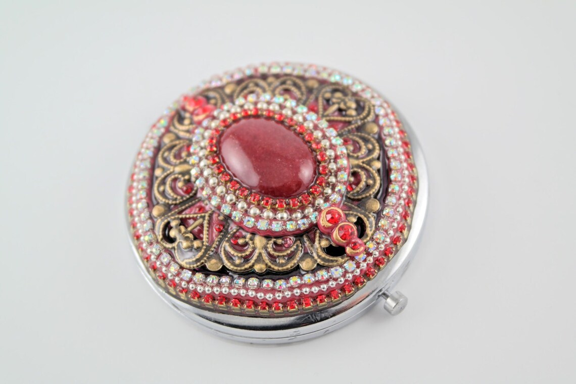 Red Compact Jeweled Mirror, Mini Makeup Vintage Mirror,victorian ...
