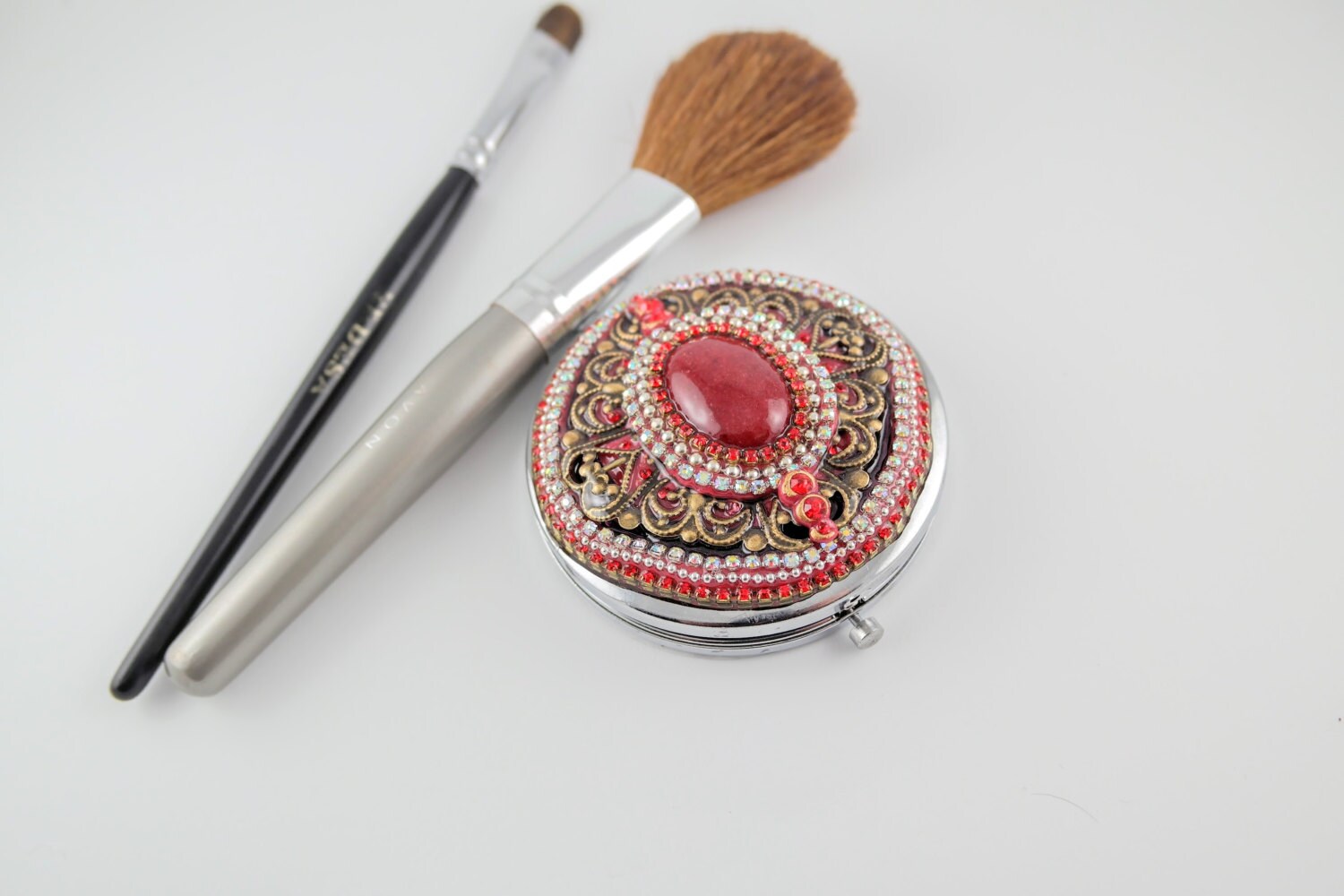 Red Compact Jeweled Mirror, Mini Makeup Vintage Mirror,victorian ...