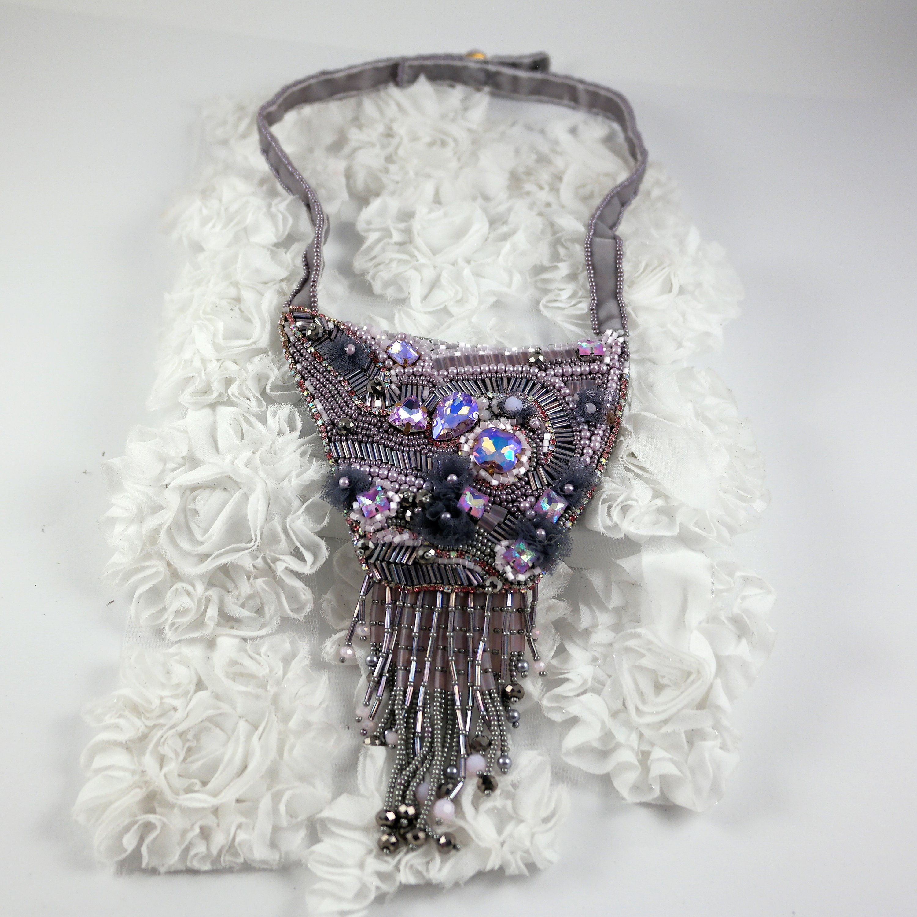 Big Lilac Embroidered Bib Necklace, Statement Floral Velvet Purple ...