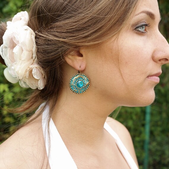 Blue Big Round Drop Earrings sky Blue Boho Ethnic Earrings | Etsy