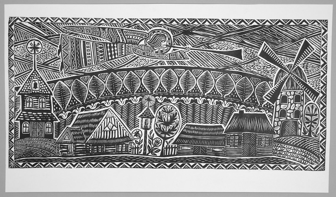 Angel of the Homeland Original Linocut Print | Lithuanian Handmade Lino ...