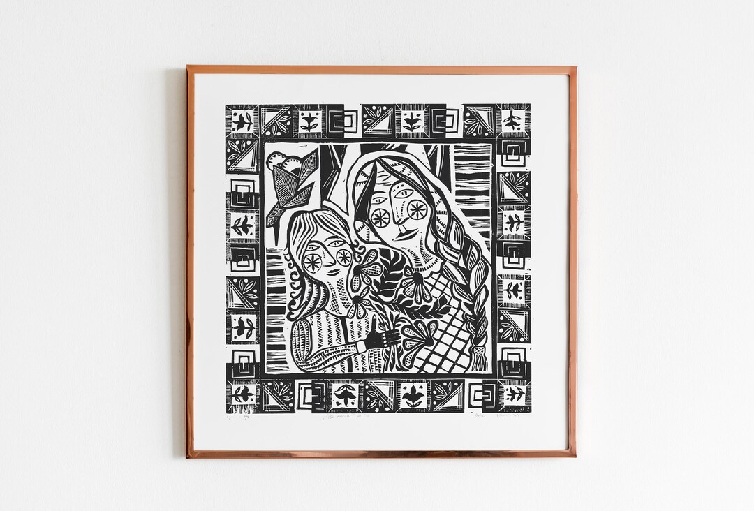 Flowers for Mother Original Linocut Print | Folk Lithuanian Handmade ...