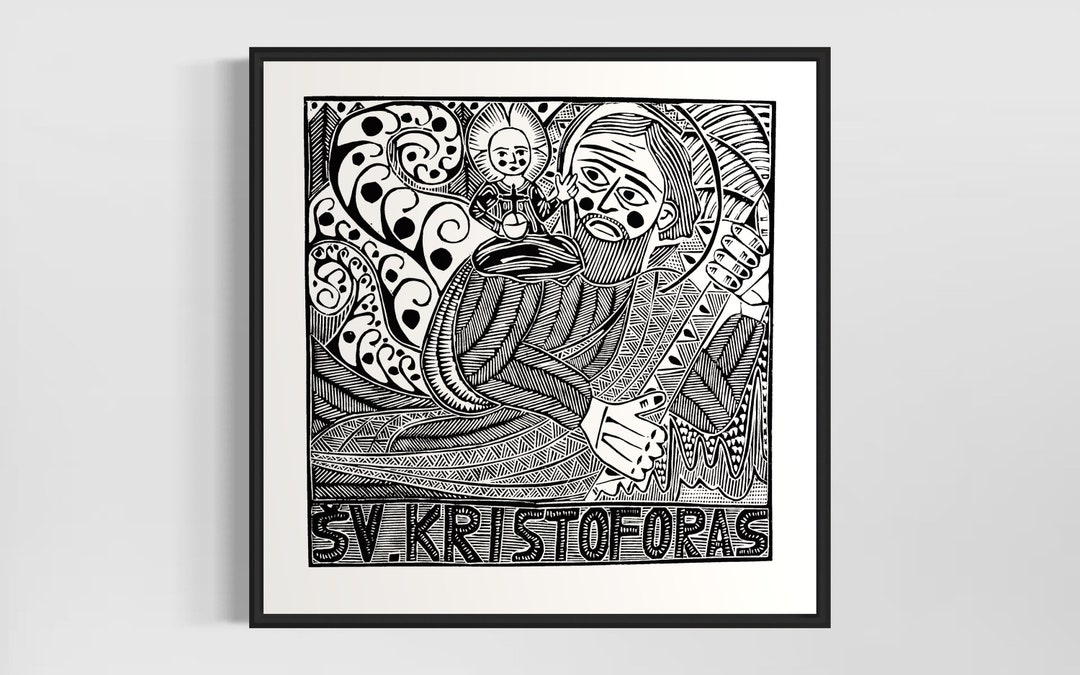 Saint Cristopher Original Linocut Print | Folk Lithuanian Handmade Lino ...