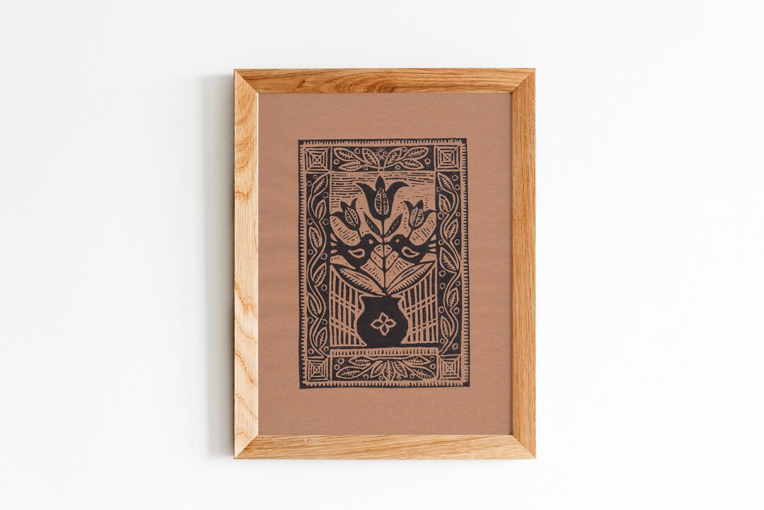 Oldtimey Postcard Original Woodcut Print Folk Lithuanian Handmade ...