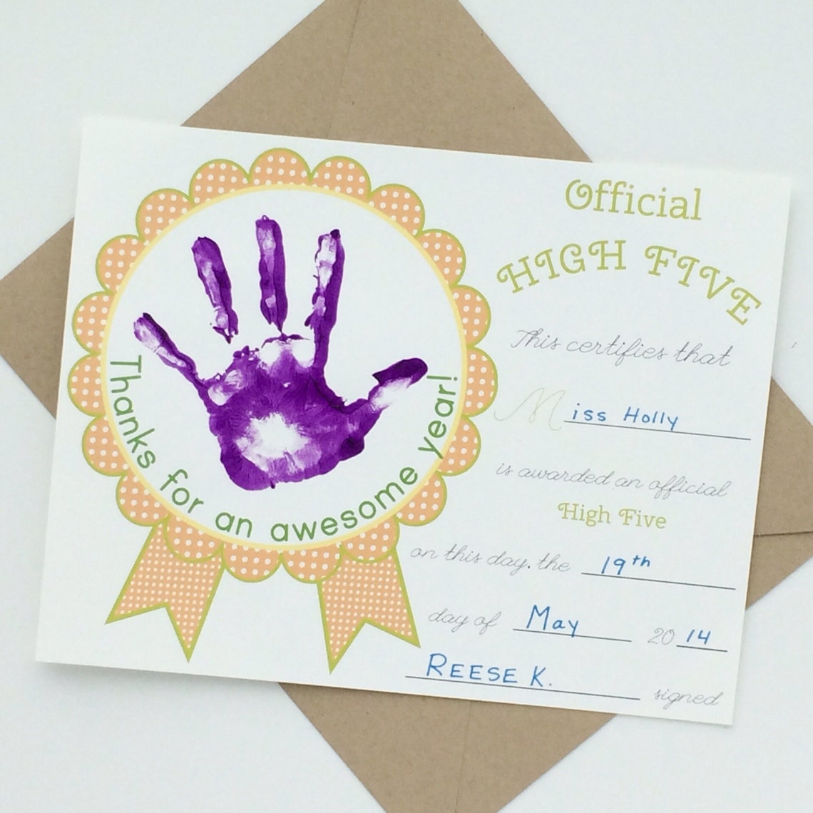 Teacher High Five Award Certificate Thank You Card in Yellow/blue ...