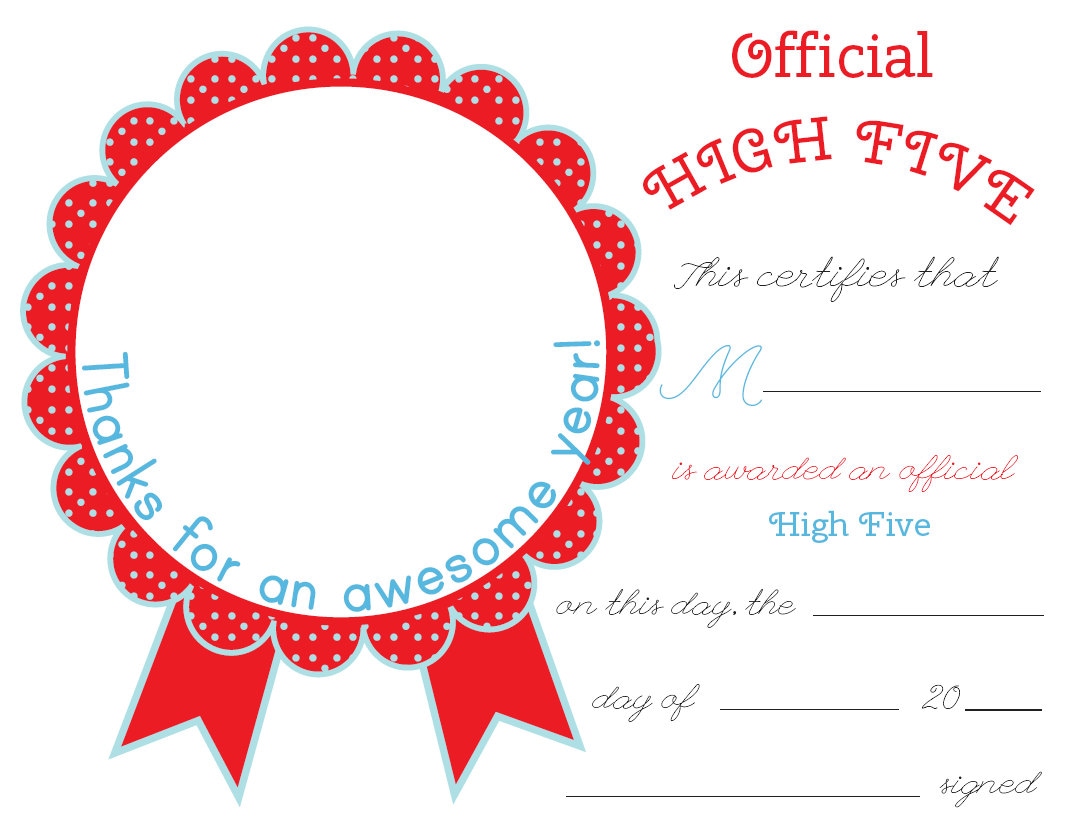 Teacher High Five Award Certificate Thank You Card in Red/blue INSTANT ...