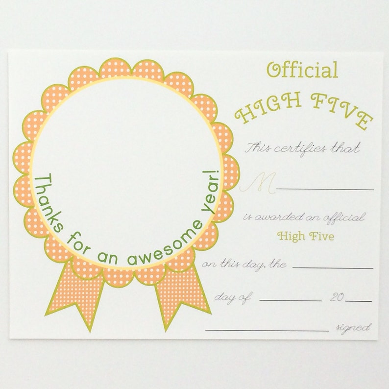 Teacher High Five Award Certificate Thank You Card in Yellow/blue ...