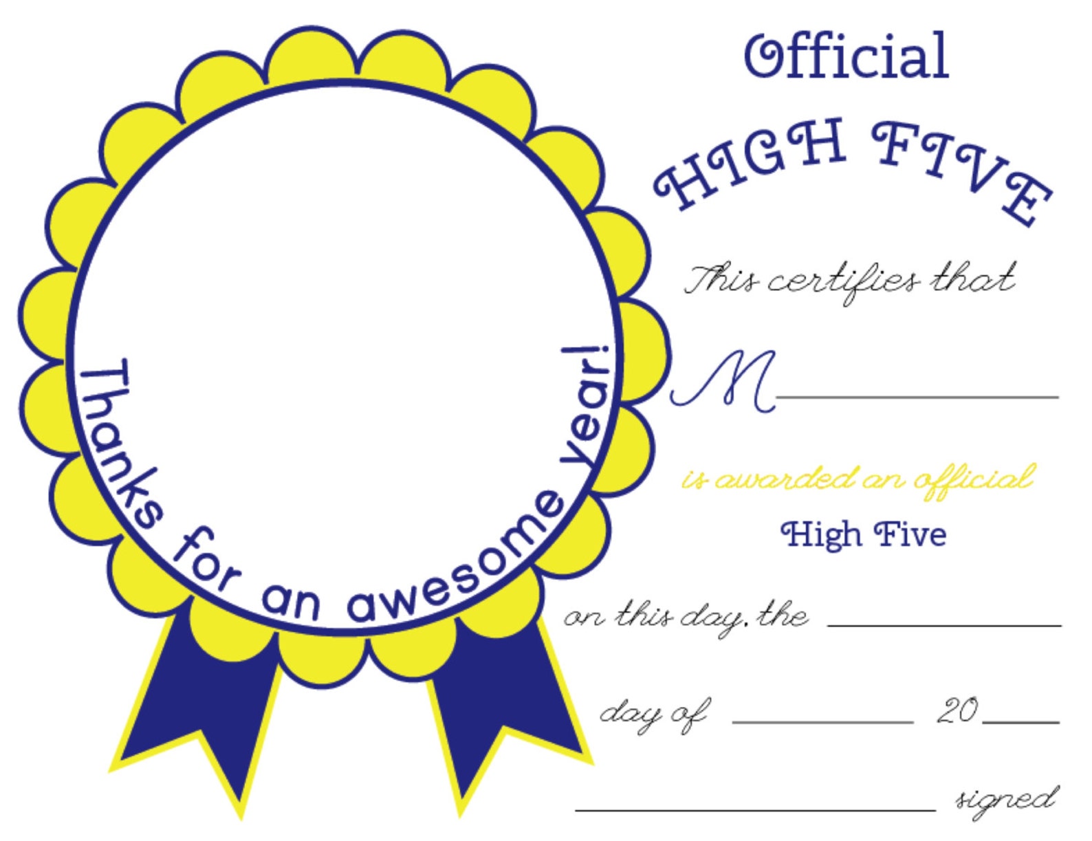 Teacher High Five Award Certificate Thank You Card in Yellow/blue ...