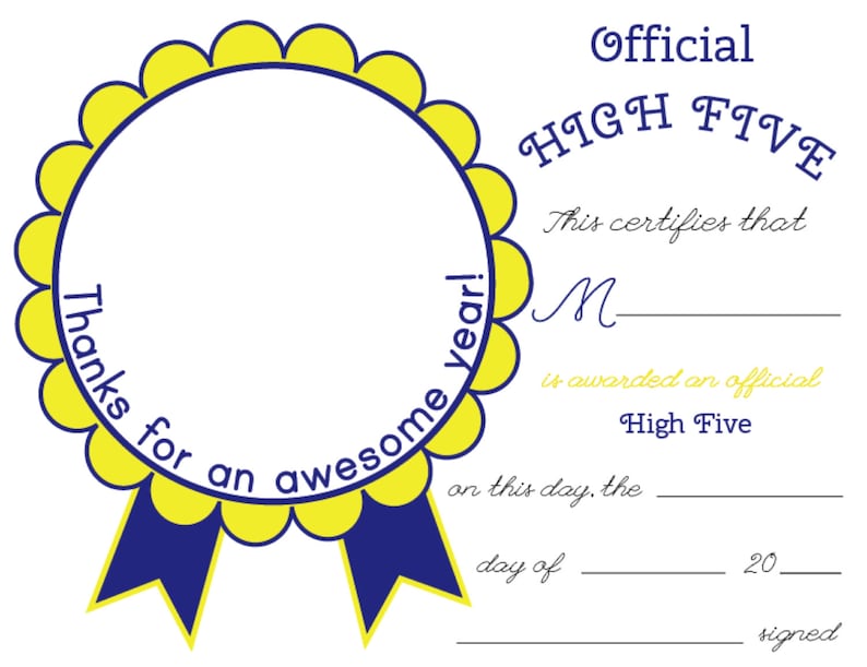 Teacher High Five Award Certificate Thank You Card in Yellow/blue ...