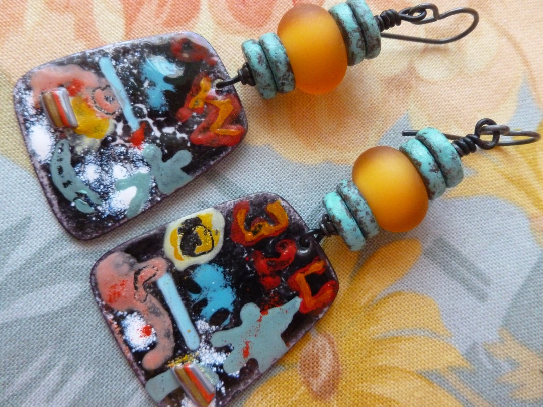 Art on Mars, Enameled Copper and Glass, Funky Mismatched Boho Earrings ...