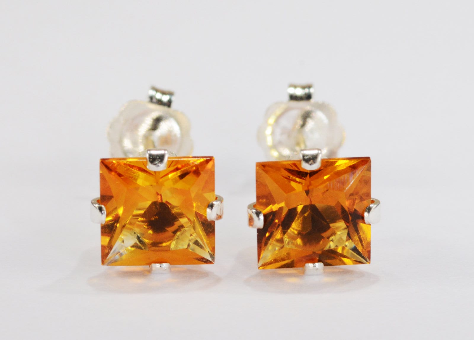 Citrine Earrings~.925 Sterling Silver Setting~6mm Princess Cut~Genuine Natural Mined
