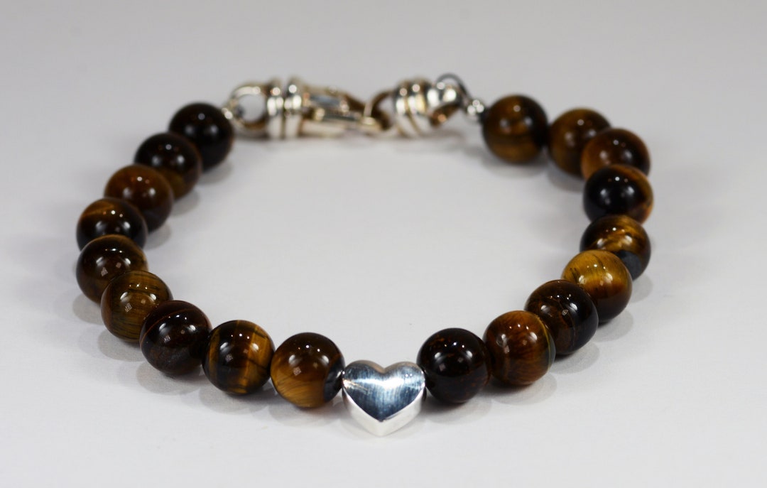 Exotic Tigers Eye Bead Bracelet With Silver Heart Accent~.925 Sterling ...