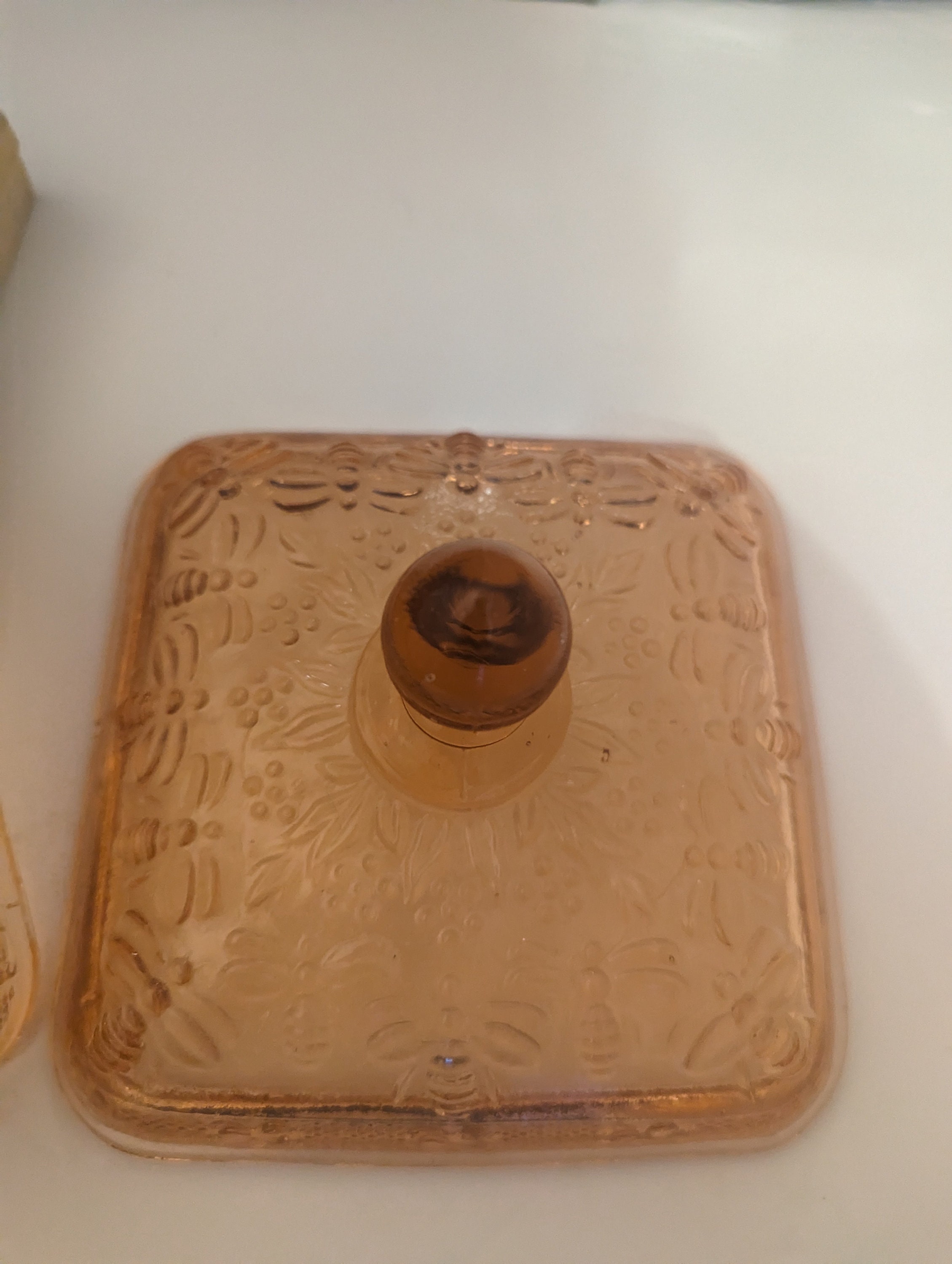 Vintage Tiara Indiana Glass Amber Square Footed Bees Hines Box and Lid ...