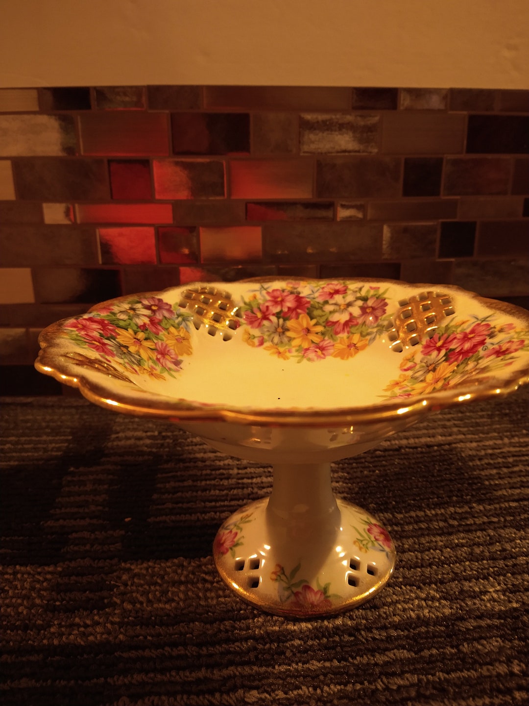 Lefton China Pedestal Compote Candy Dish Hand Painted Reticulated ...