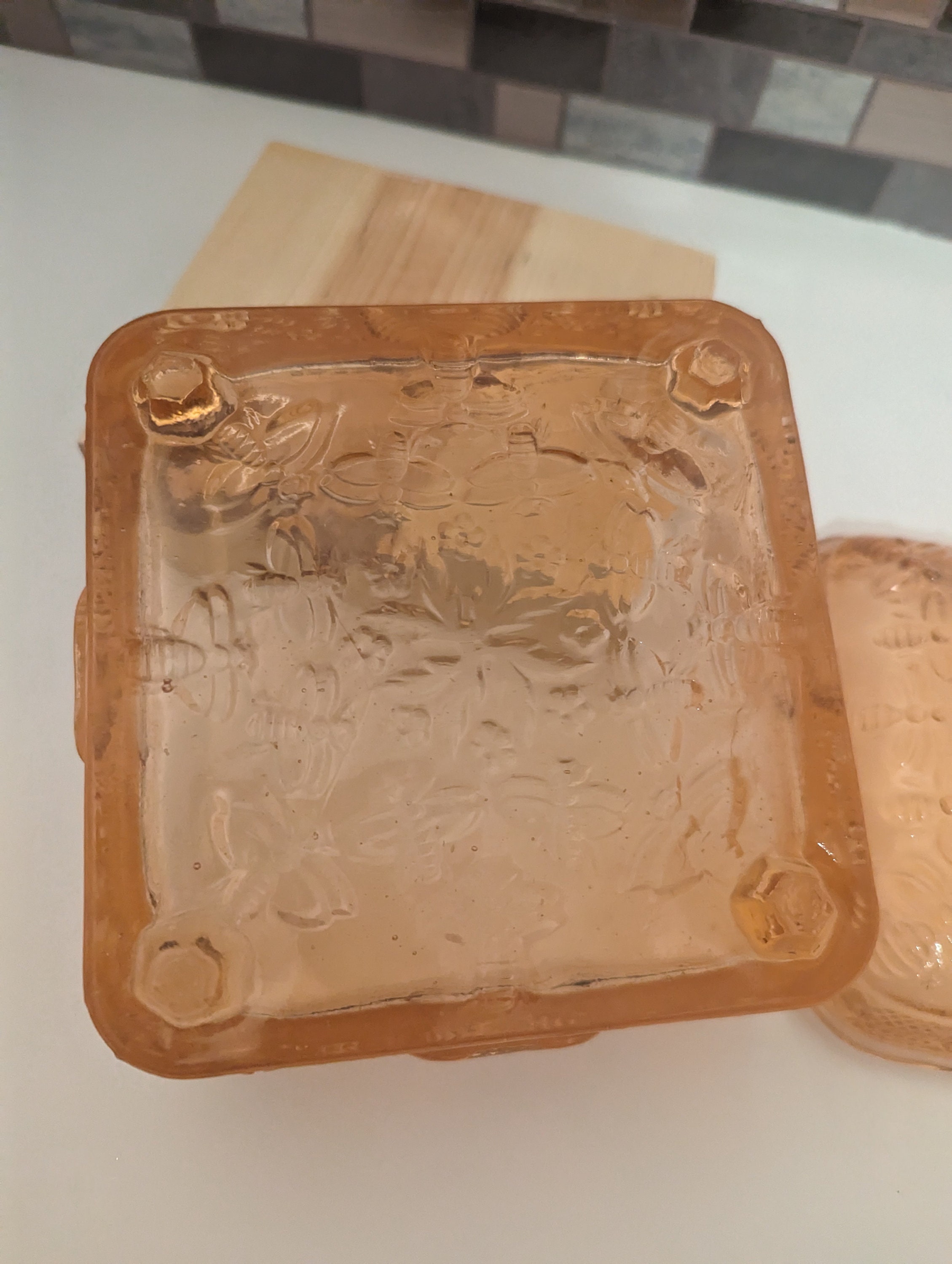 Vintage Tiara Indiana Glass Amber Square Footed Bees Hines Box and Lid ...
