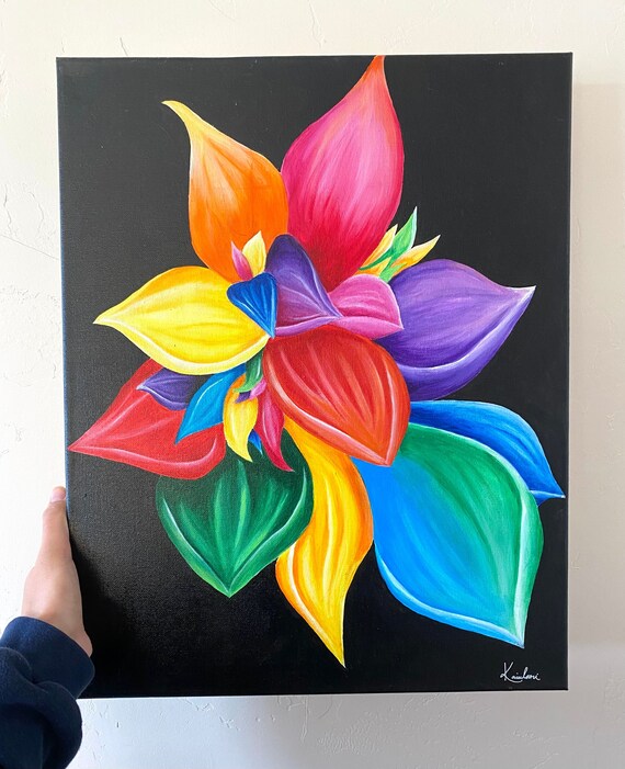 Original Acrylic Abstract Rainbow Flower | Etsy