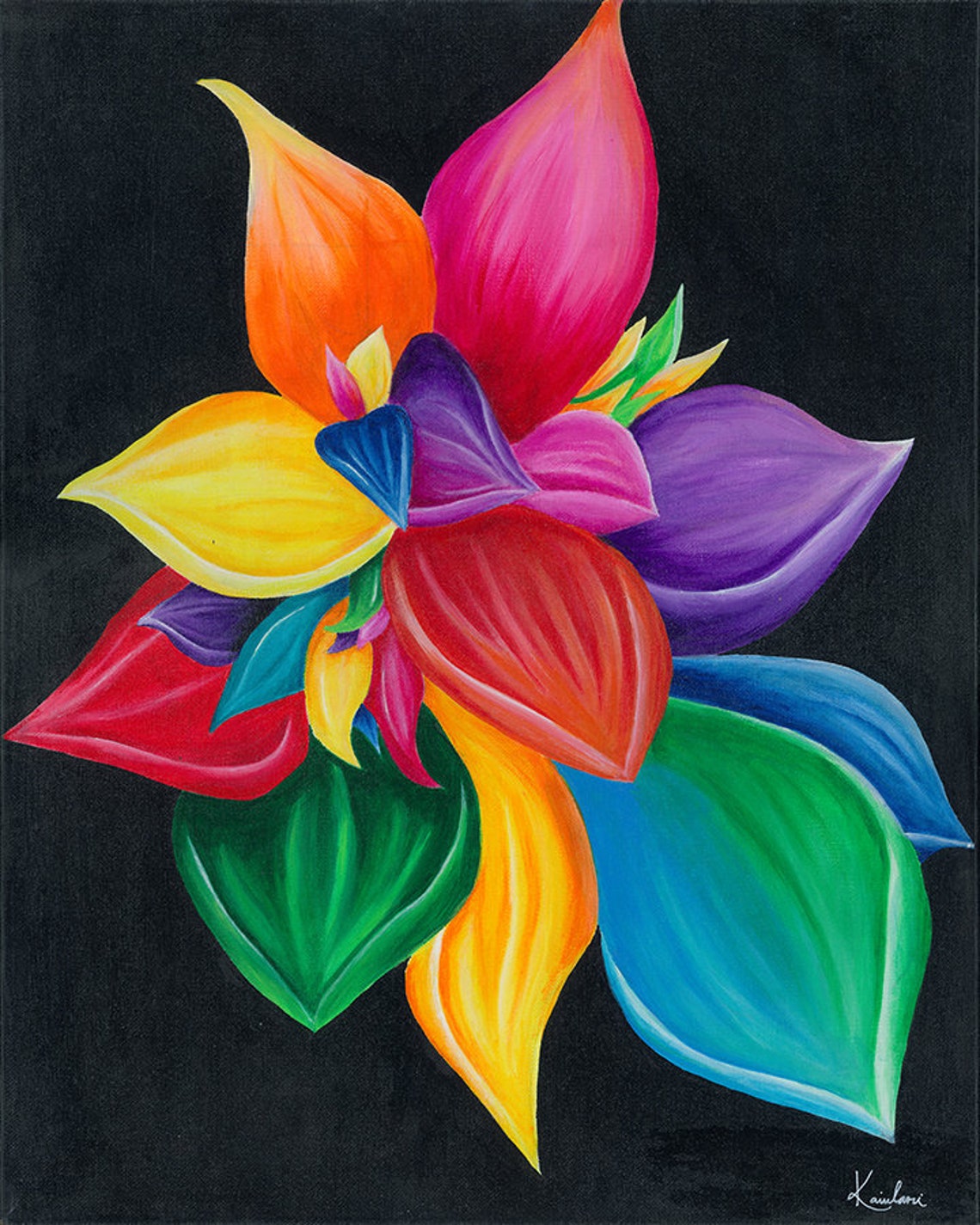 Original Acrylic Abstract Rainbow Flower, Colorful Succulent, Office ...