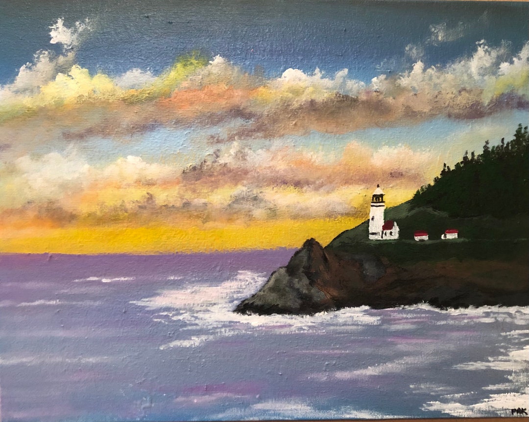 Oregon Coast Lighthouse Sunset original 11 x 14 acrylic painting - Etsy.de