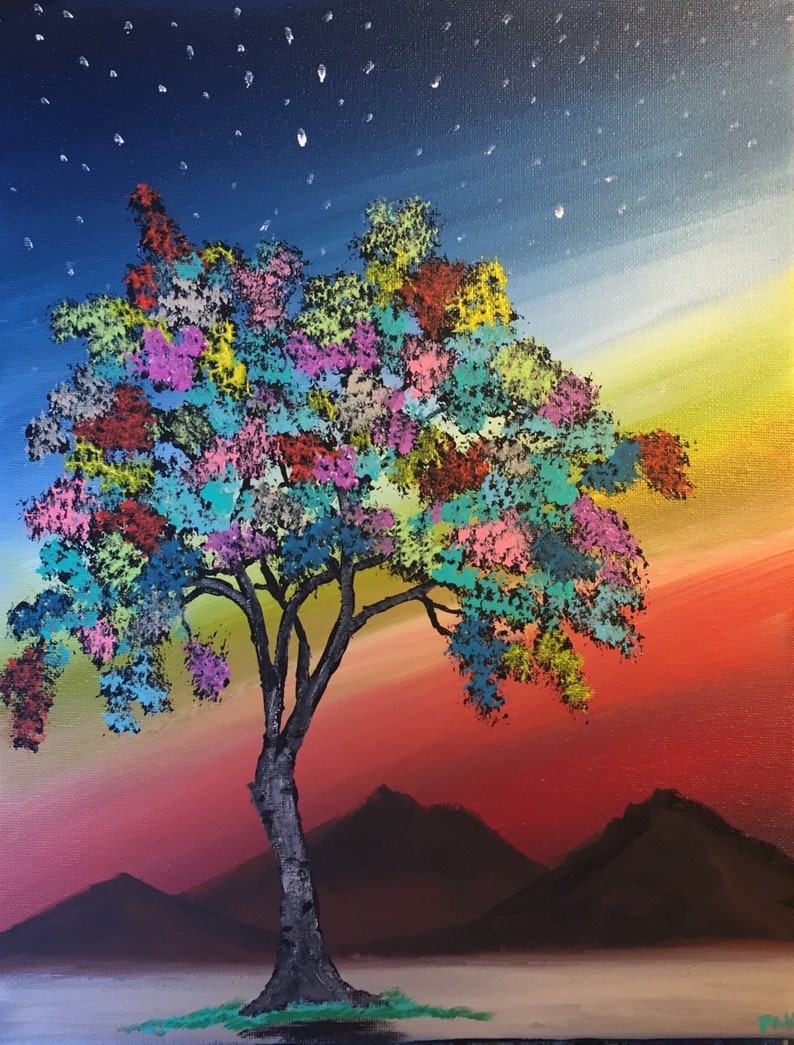 Colorful Original 11" X 14" Acrylic Tree Painting on Stretched Canvas ...