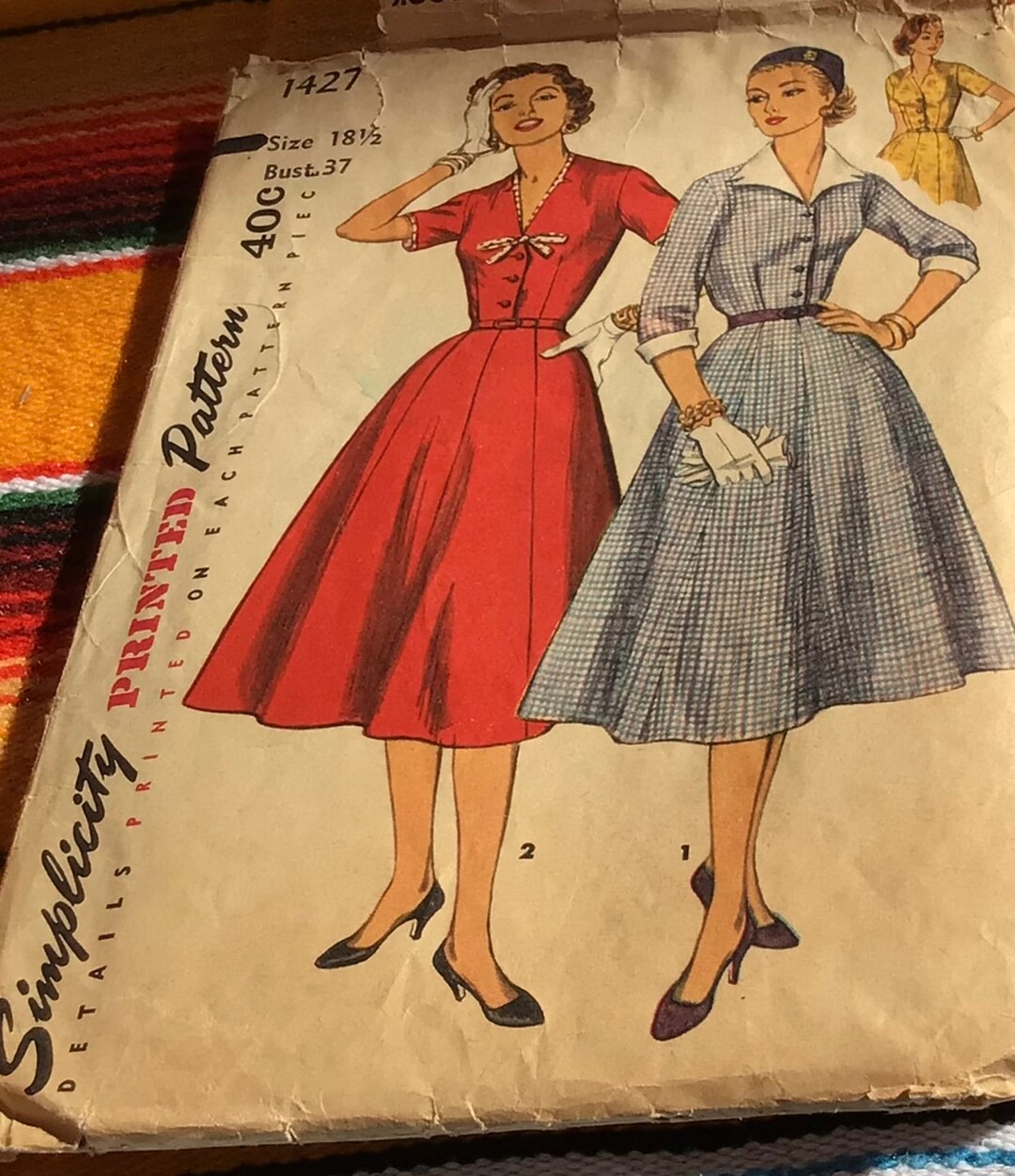 1950s Simplicity 1427 V Neck Dress With Detach Neck Collar Cuffs Sz 18 ...