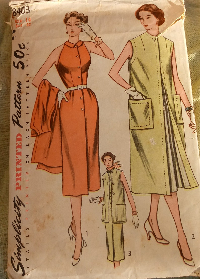 1950s Simplicity 8403 Sleeveless Dress & Coat Pattern Size 14 Bust 32 ...