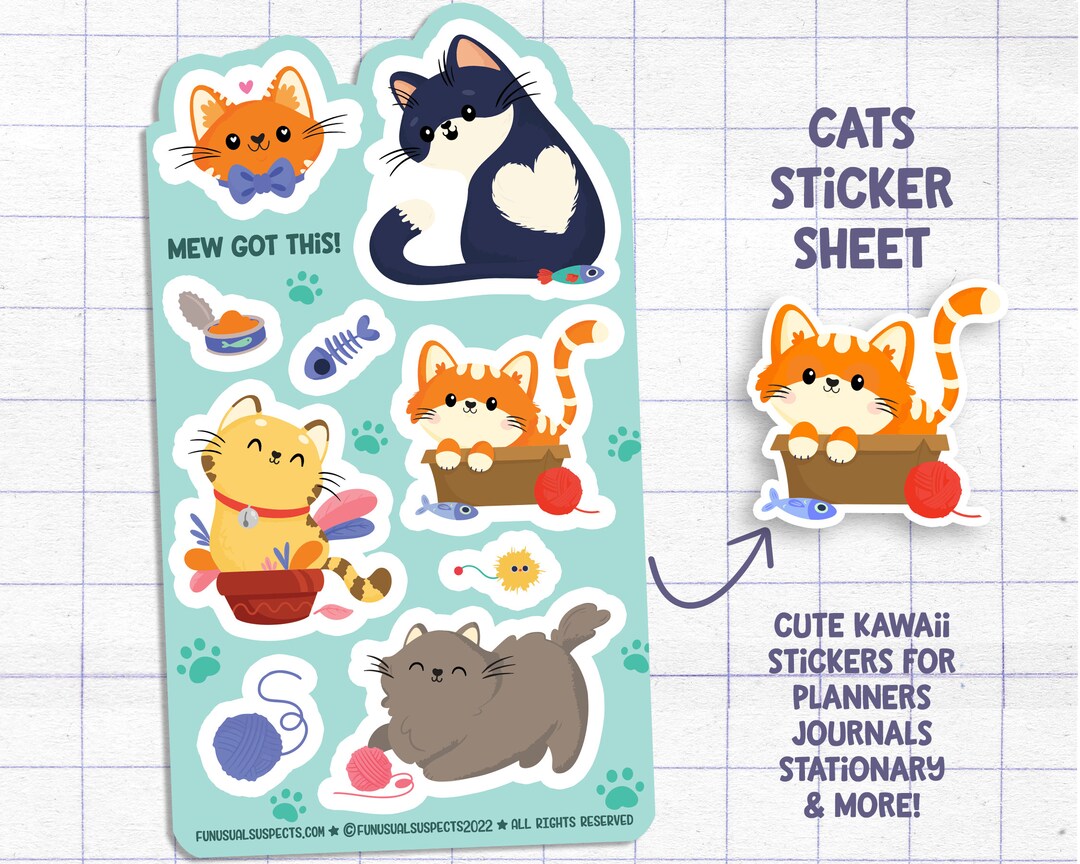 Cats Sticker Sheet, Mew Got This!, Cute Cat Stickers, Kawaii Cats ...