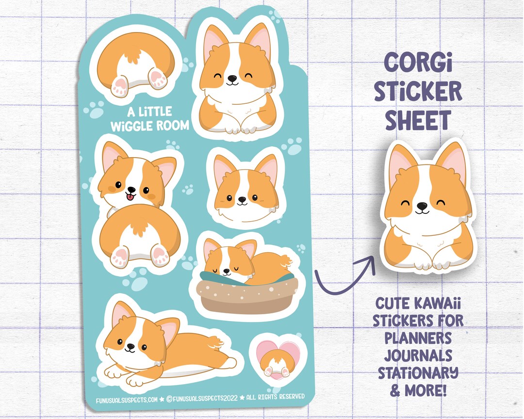 Corgi Sticker Sheet, Wiggle Room, Cute Corgi Stickers, Kawaii Corgi Dog ...