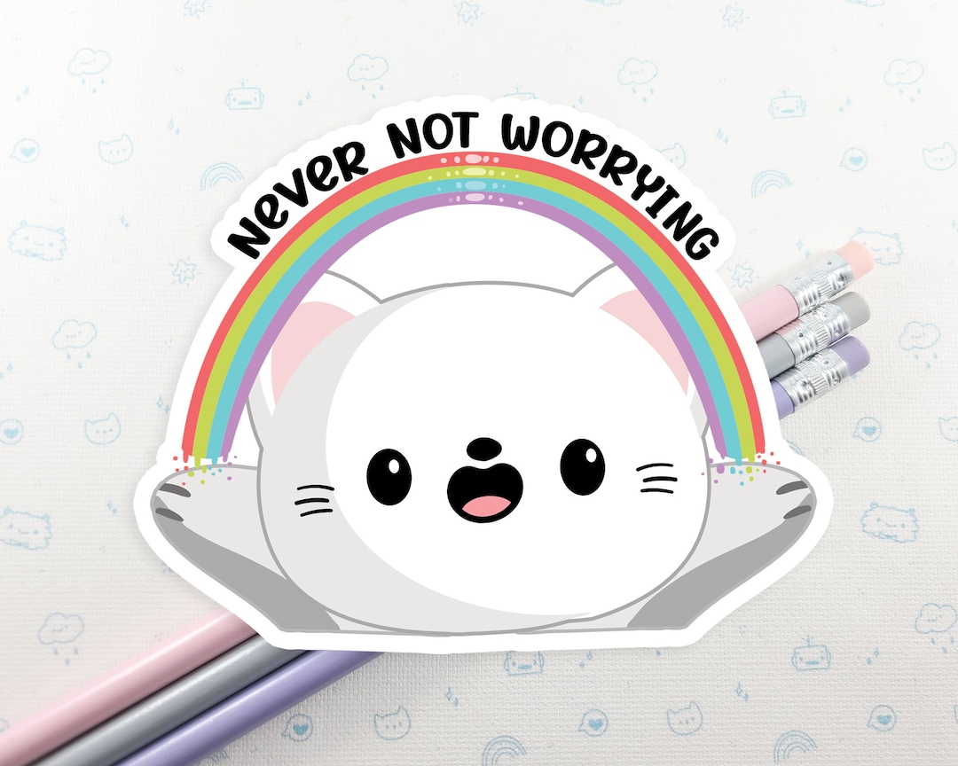 Cat Worrying Sticker, Kawaii White Cat, Vinyl Sticker, Laptop Decal ...