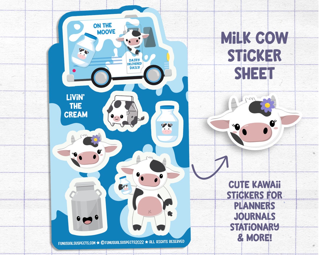 Cow Sticker Sheet, Livin' the Cream, Cute Dairy Cow Stickers, Kawaii ...