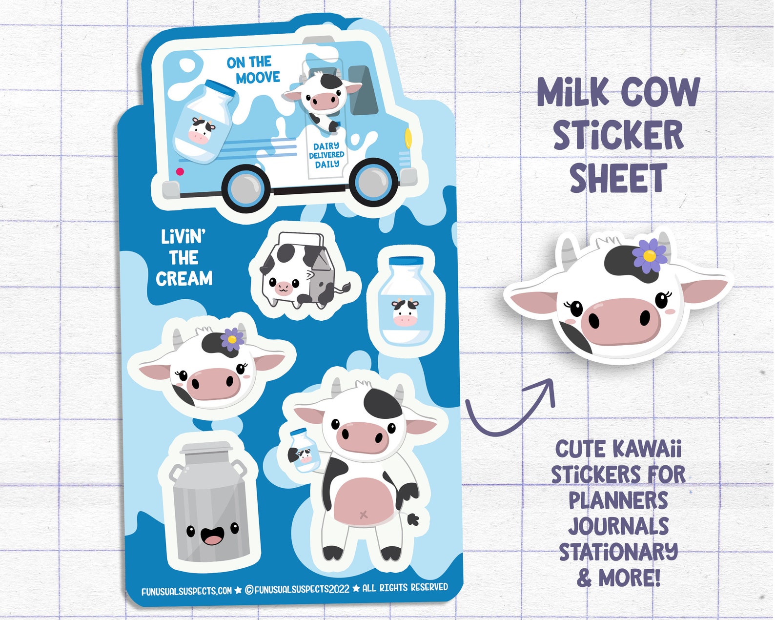 Cow Sticker Sheet, Livin' the Cream, Cute Dairy Cow Stickers, Kawaii ...