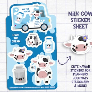 Cow Sticker Sheet, Livin' the Cream, Cute Dairy Cow Stickers, Kawaii ...