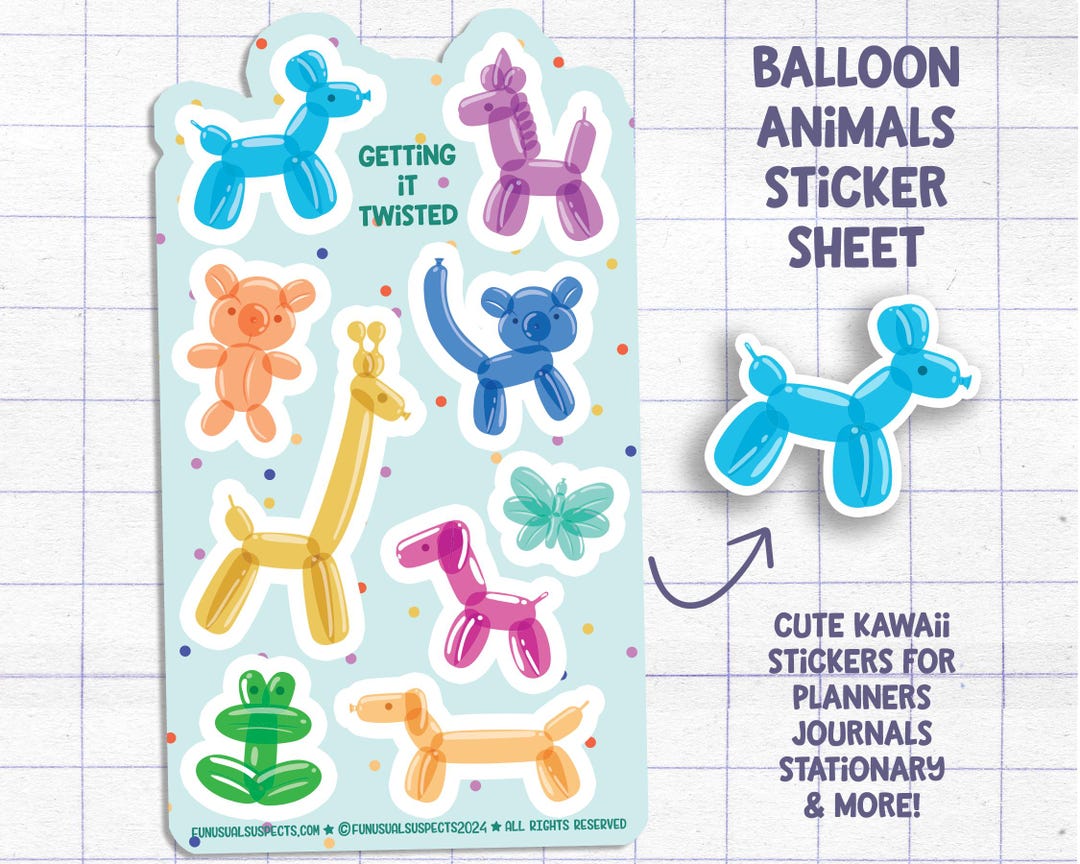 Balloon Animals Sticker Sheet, Cute Party Balloon Stickers, Stickers ...