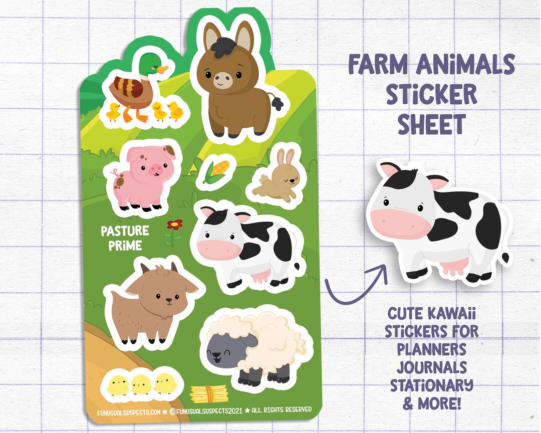Farm Animals Sticker Sheet, Pasture Prime, Cute Farm Stickers, Kawaii ...