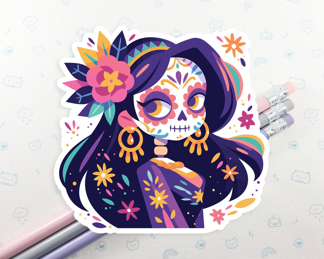 Day of the Dead Woman Vinyl Sticker, Laptop Sugar Skull Decal, Dia De ...
