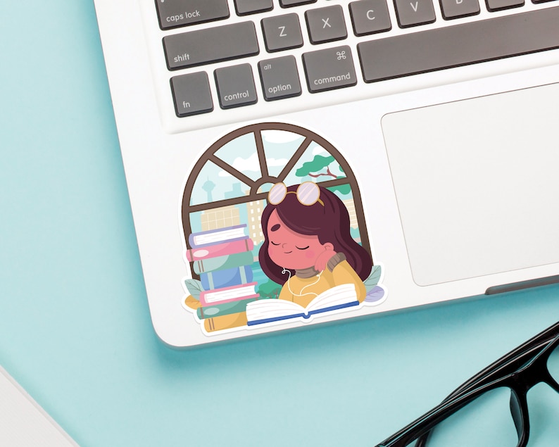 Reading Girl With Brown Hair Sticker, Vinyl Stickers, Cute Book Lover ...
