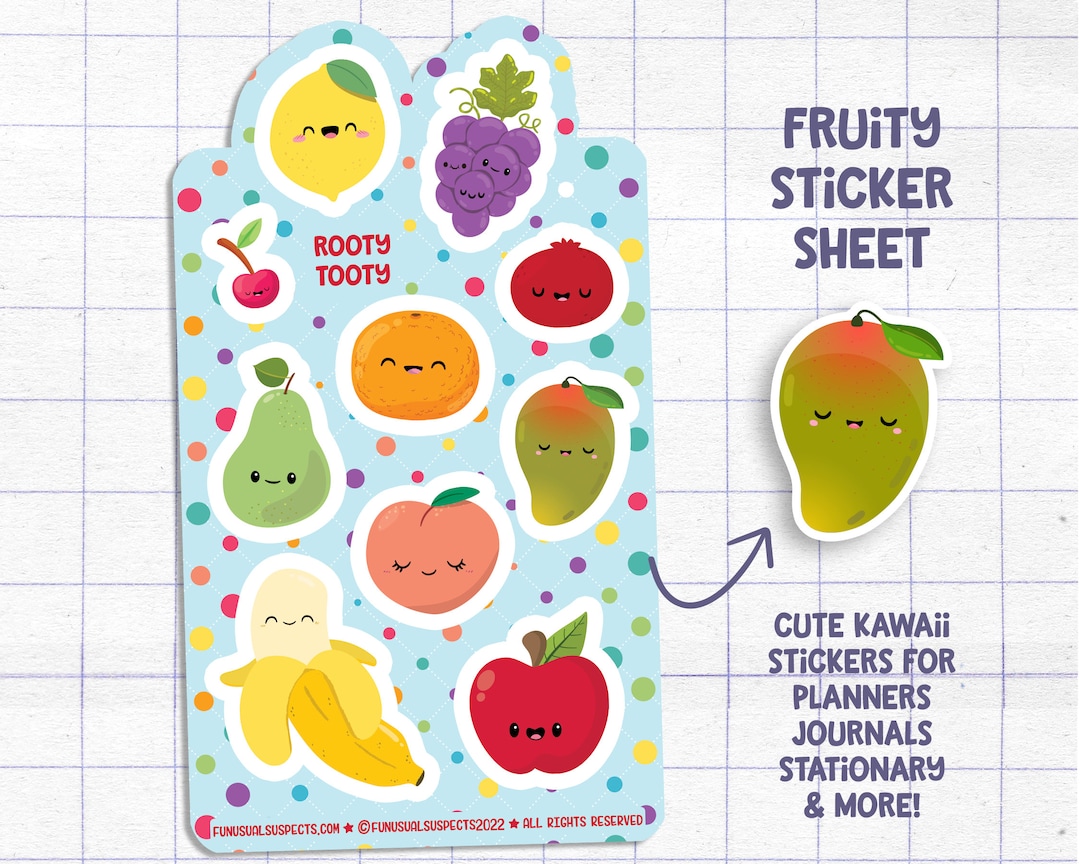 Fruity Sticker Sheet, Rooty Tooty, Cute Fruit Stickers, Kawaii Food ...