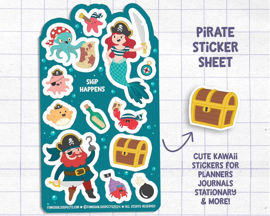 Pirate and Mermaid Sticker Sheet, Pirates Stickers, Cute Ocean Stickers ...