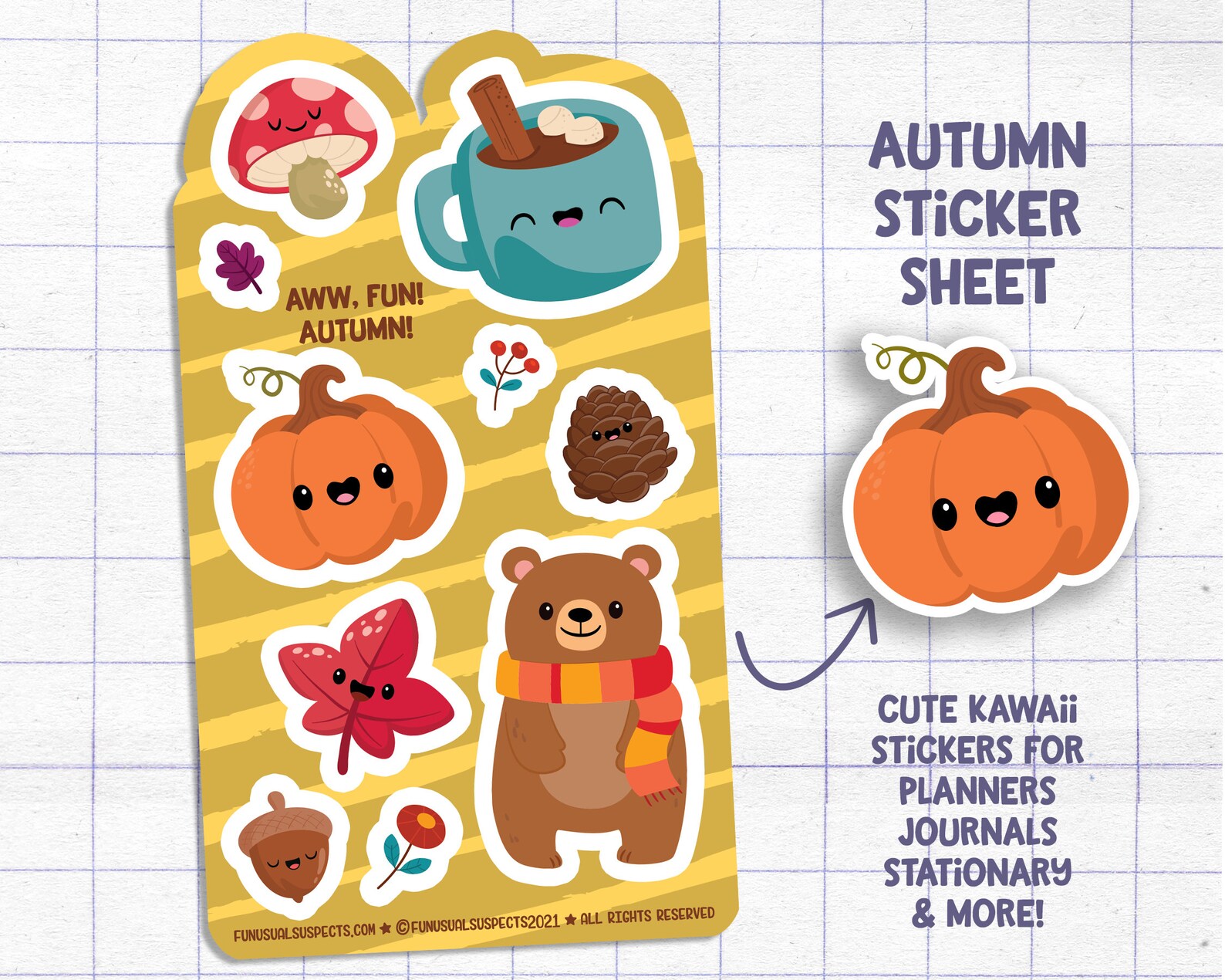 Autumn Sticker Sheet Aww Fun Autumn Cute Fall Stickers | Etsy