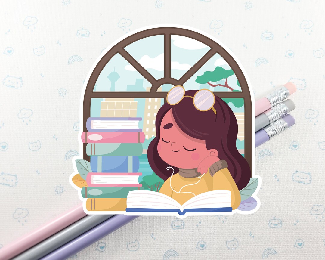 Reading Girl With Brown Hair Sticker, Vinyl Stickers, Cute Book Lover ...
