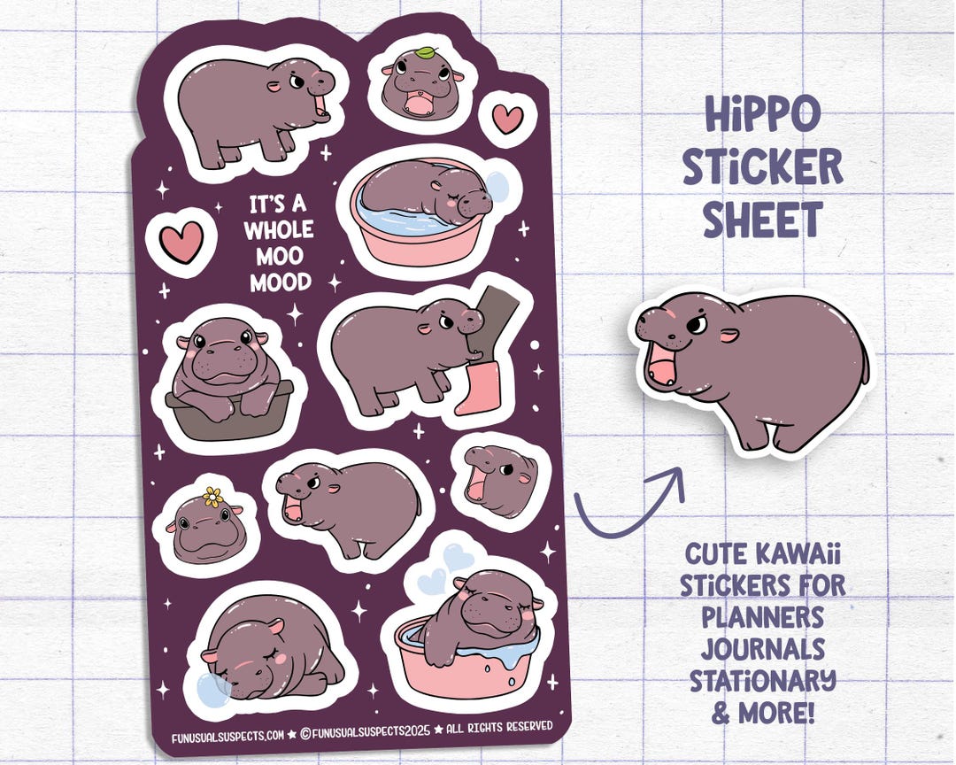 Hippo Moo Deng Sticker Sheet, Cute Spicey Hippo, Hippopotamus Stickers ...
