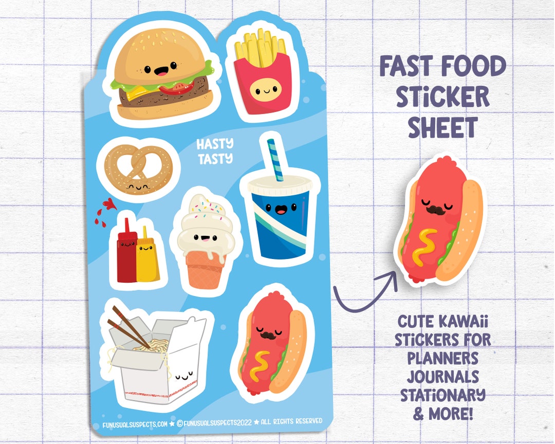 Fast Food Sticker Sheet, Hasty Tasty, Cute Foodie Stickers, Kawaii Fast ...