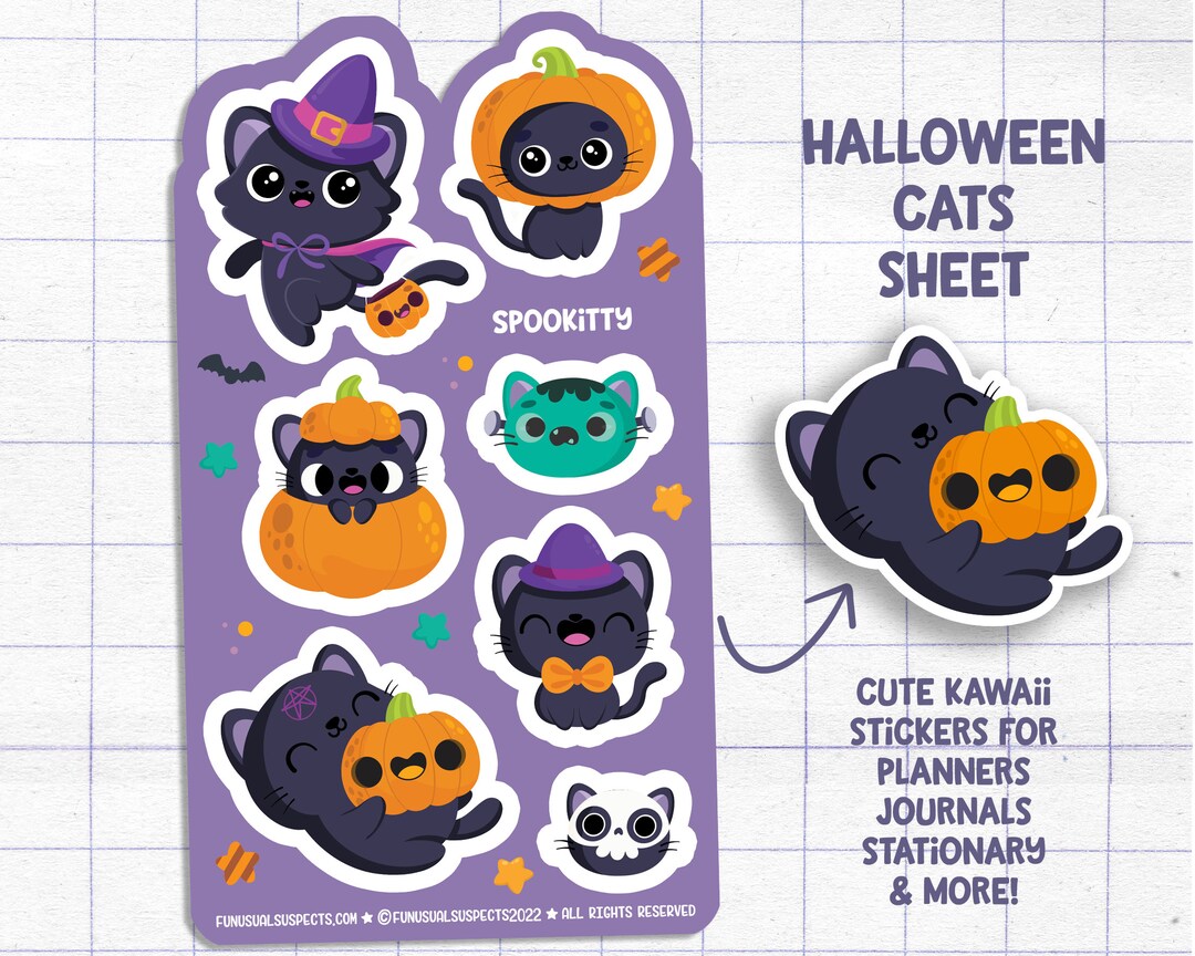Halloween Cats Sticker Sheet, Spookitty, Cat Halloween Sticker ...