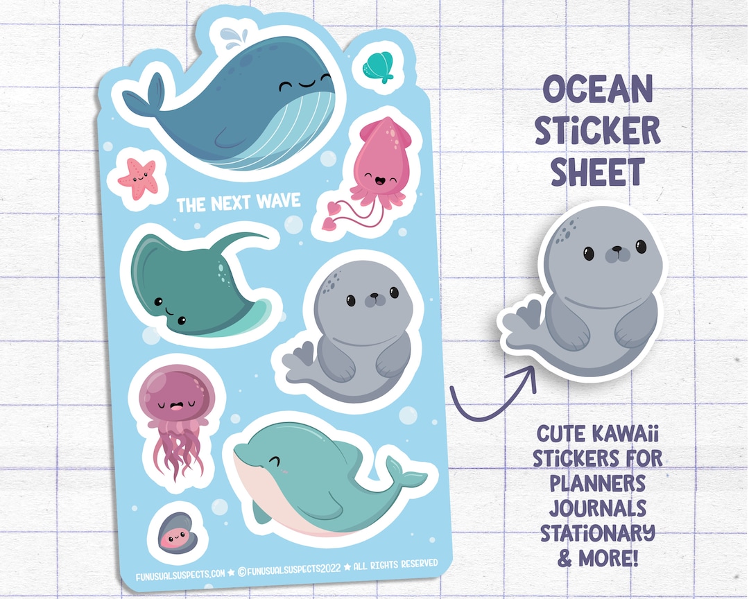 Ocean Animals Sticker Sheet, the Next Wave, Cute Marine Animal Stickers ...
