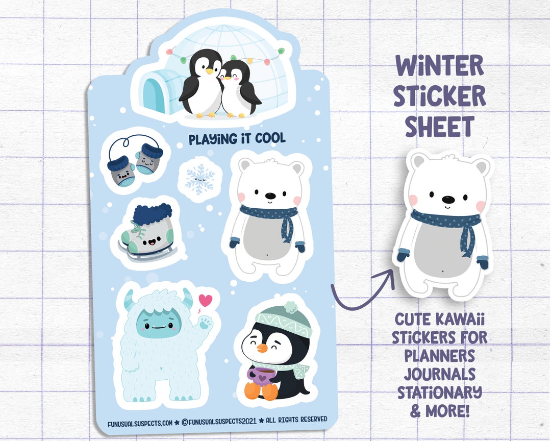 Winter Time Sticker Sheet, Playing It Cool, Cute Yeti Stickers, Kawaii ...