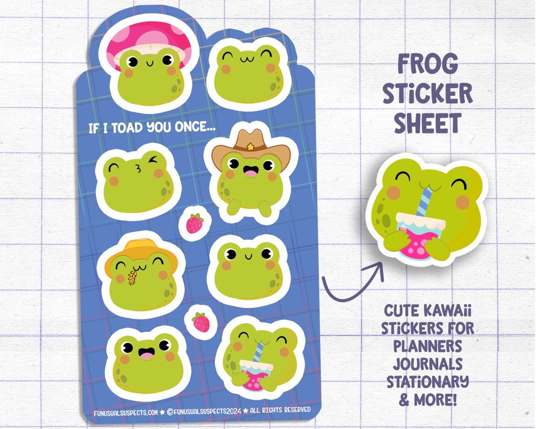 Frog Sticker Sheet, Cute Green Frog Stickers, Kawaii Frogs, Stickers ...