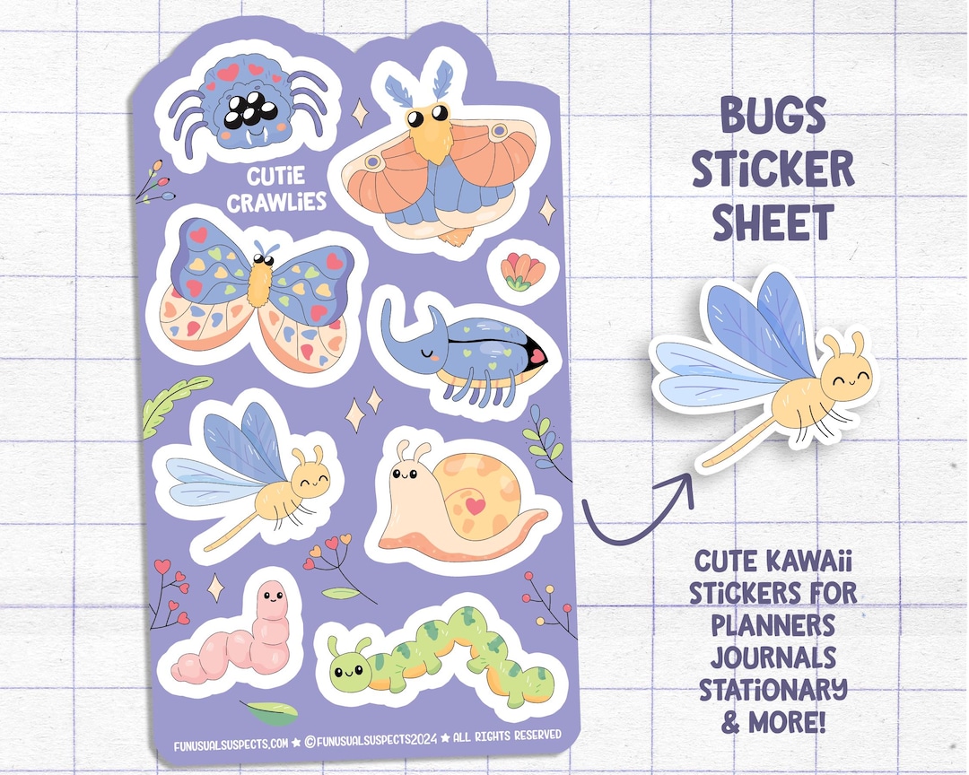 Bugs Sticker Sheet, Cute Bug Stickers, Creepy Cuties Stickers, Kawaii ...