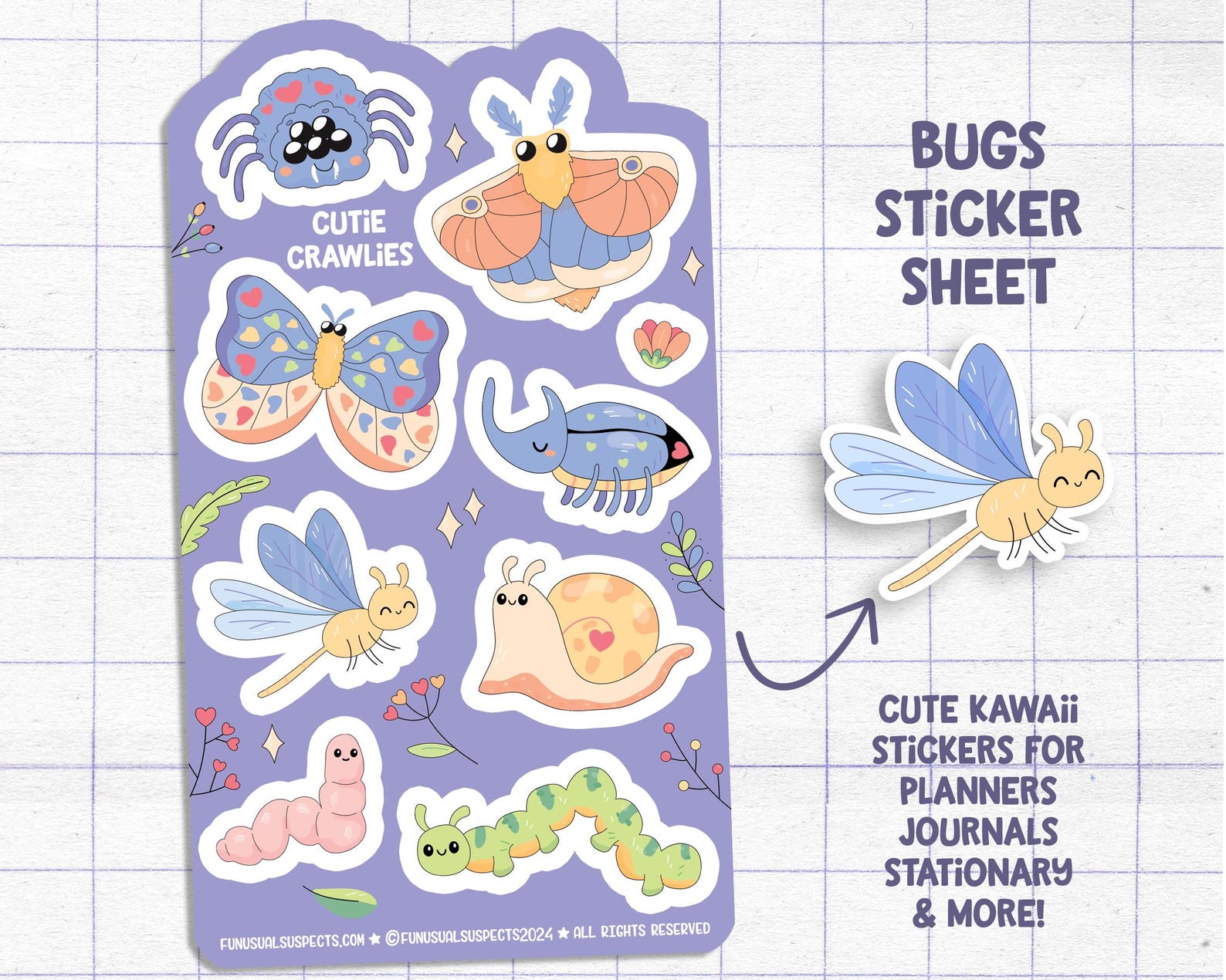 Bugs Sticker Sheet, Cute Bug Stickers, Creepy Cuties Stickers, Kawaii ...